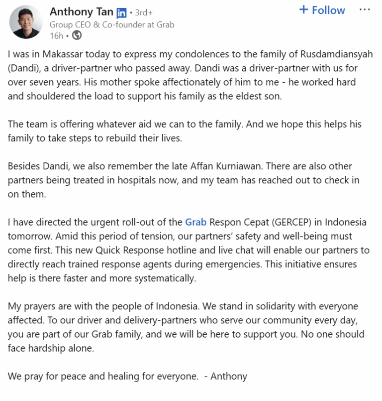 Grab CEO Anthony Tan Flies to Indonesia to Meet Family of Driver Killed ...